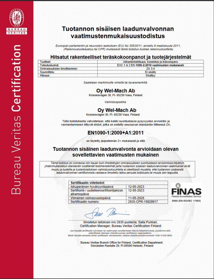 SFS-EN 1090-1+A1 certificate aquired - Wel-mach